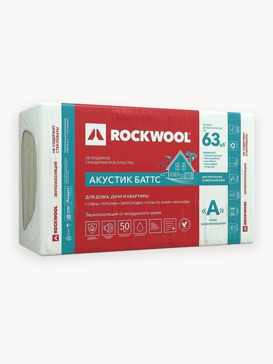 Звукоизоляция для стен из каменной ваты ROCKWOOL Акустик Баттс, 1000 х 600 х 50 мм, 40 плит, 24 м2