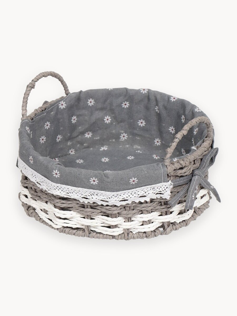 Корзина 25х10 см, круглая, плетеная, с металлическим каркасом и текстильной вставкой, с ручками