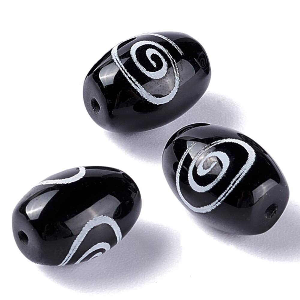 Бусина Дзи натуральный камень Агат черный с белым Чакра (Спираль Вселенной) 0011029 цилиндр 14x10 мм, цена за 1 шт.