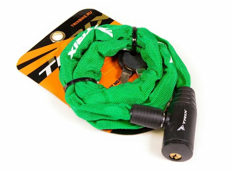 Замок противоугонный TRIX, цепь, с ключами, 3,5х1200мм, в тканевой оплетке, зелёный