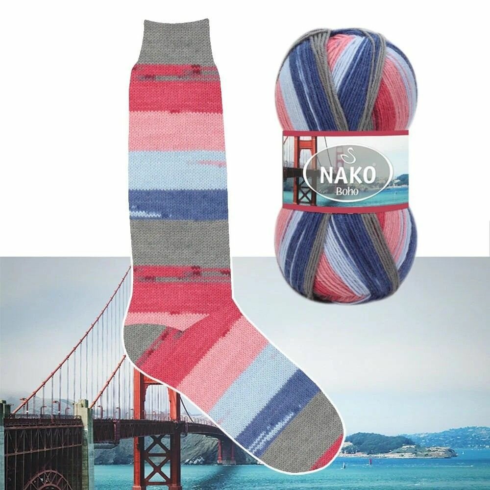 Пряжа Boho Nako, синий/серый/розовый/голубой - 81740, 75% шерсть, 25% полиамид, 5 мотков, 100 г, 400 м.