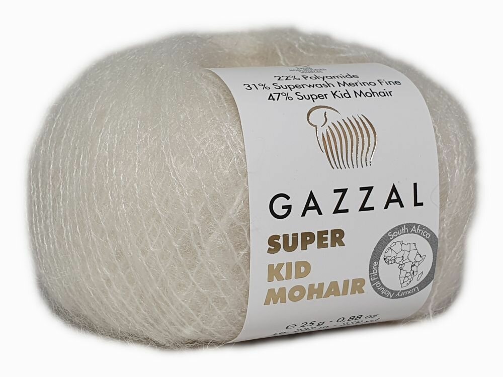Пряжа SUPER KID MOHAIR (Gazzal), молочный - 64414, 47% супер кидмохер, 31% тонк. мериносовая шерсть супервош, 22% полиамид, 6 мотков, 25 г, 237 м.