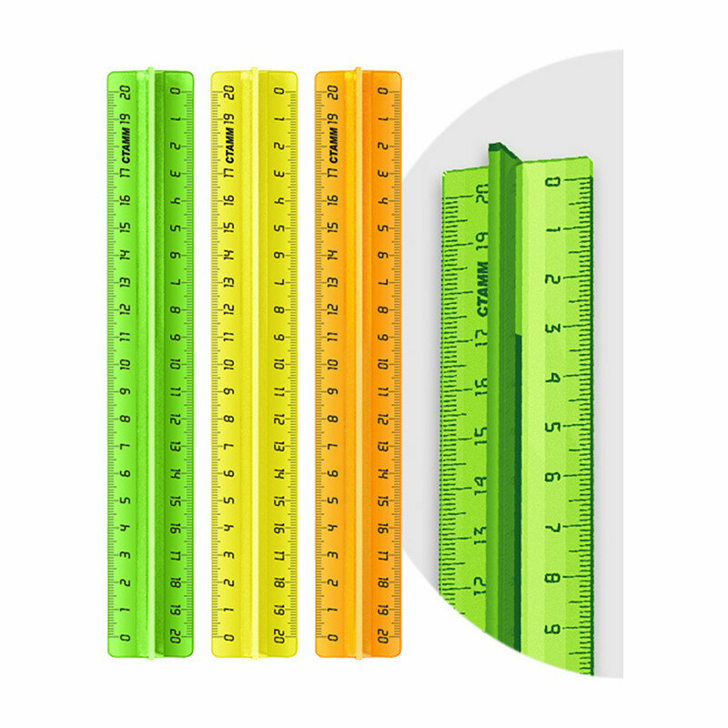 Линейка 20см СТАММ, пластиковая, с держателем, прозрачная, неоновые цвета, ассорти, 12 штук, 083864