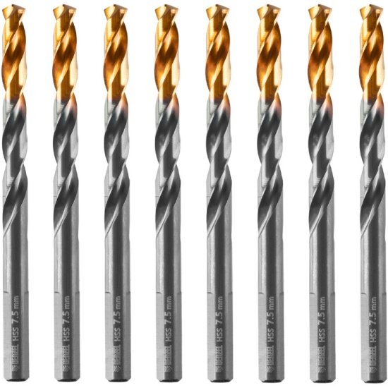 Сверло по металлу Denzel 7,5 мм, HSS-Tin, Golden Tip, 8 шт, , 717218