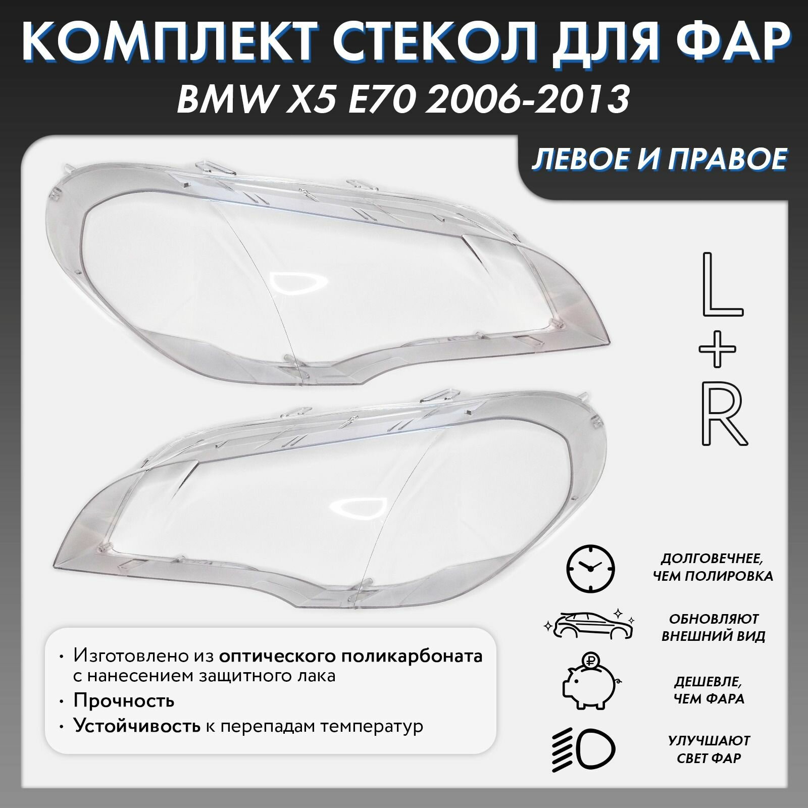 Стекло фары для BMW X5 E70 2006-2013 комплект левое+правое, поликарбонат 01-003-LR