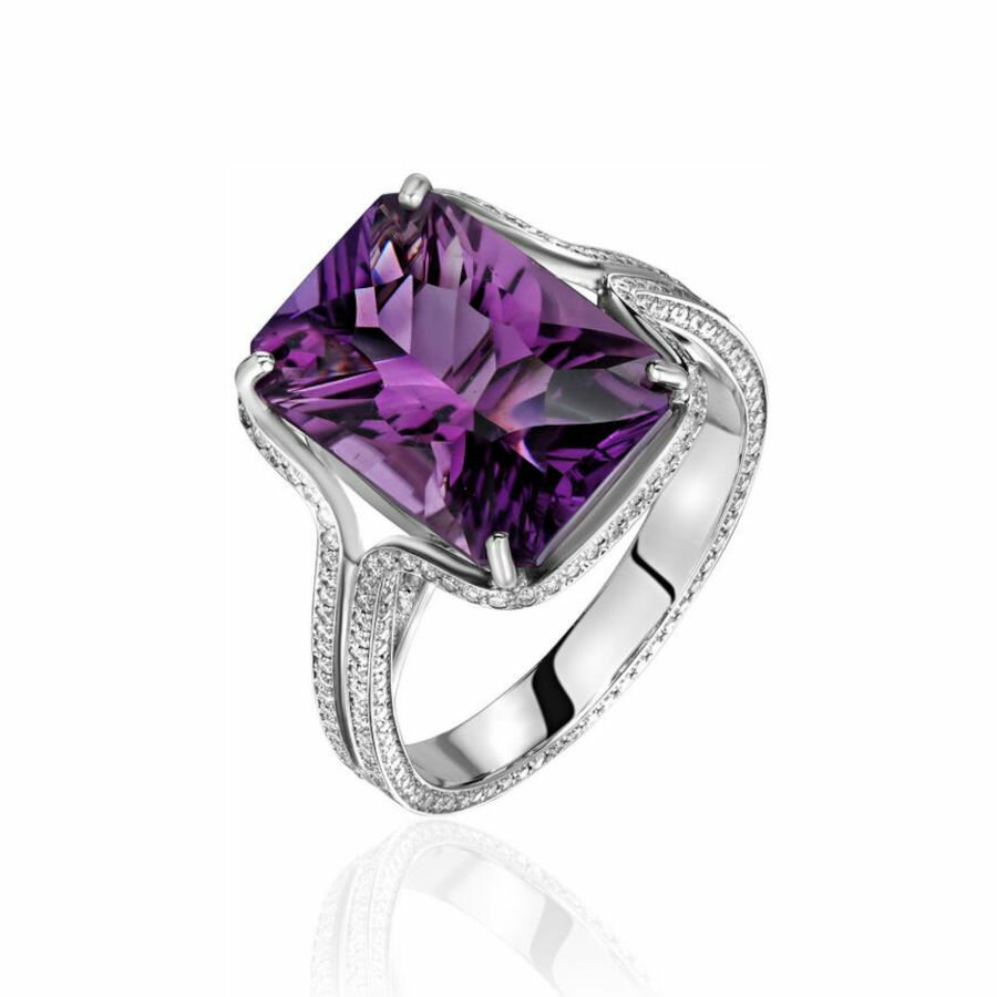 Кольцо, белое золото, 750 проба, аметист, бриллиант