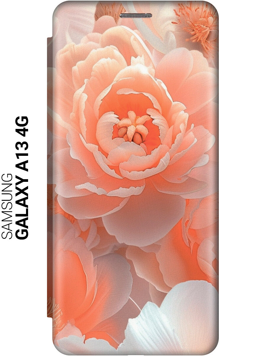 Чехол-книжка на Samsung Galaxy A13 4G с принтом "Персиковые пионы" золотой