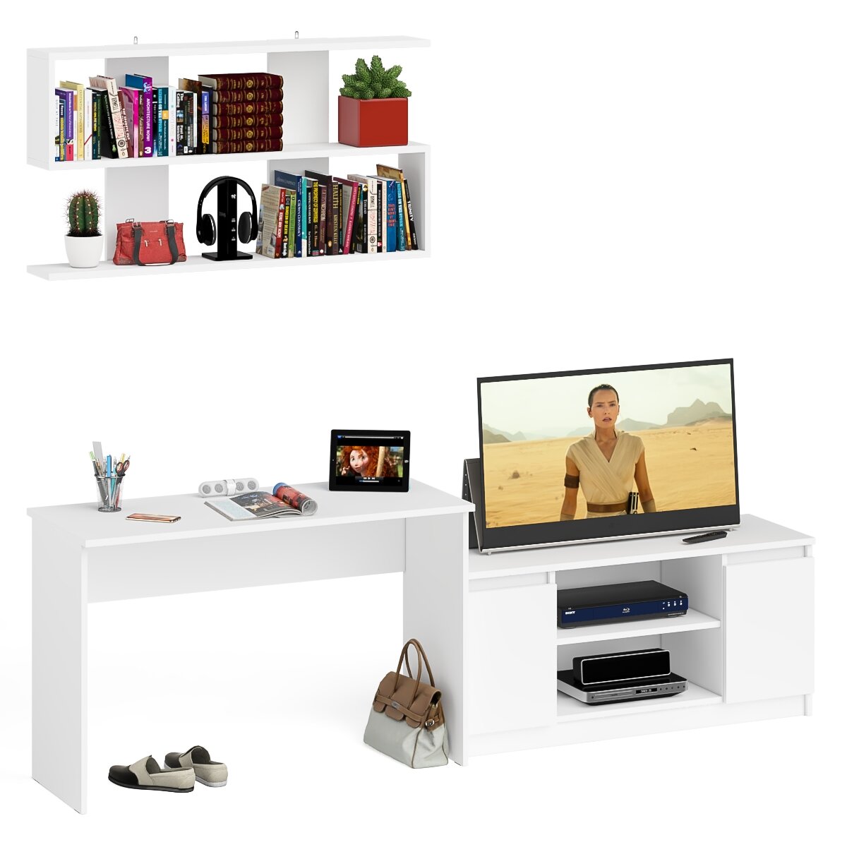 Широкая тумба СВК Мори 1200 с письменным столом и полкой цвет белый