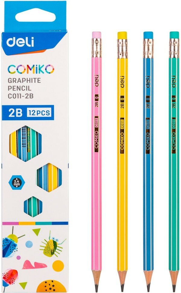 Карандаш ч/г Deli EC011-2B Comiko 2B шестигран. липа ассорти кор. европод. (12шт) ластик
