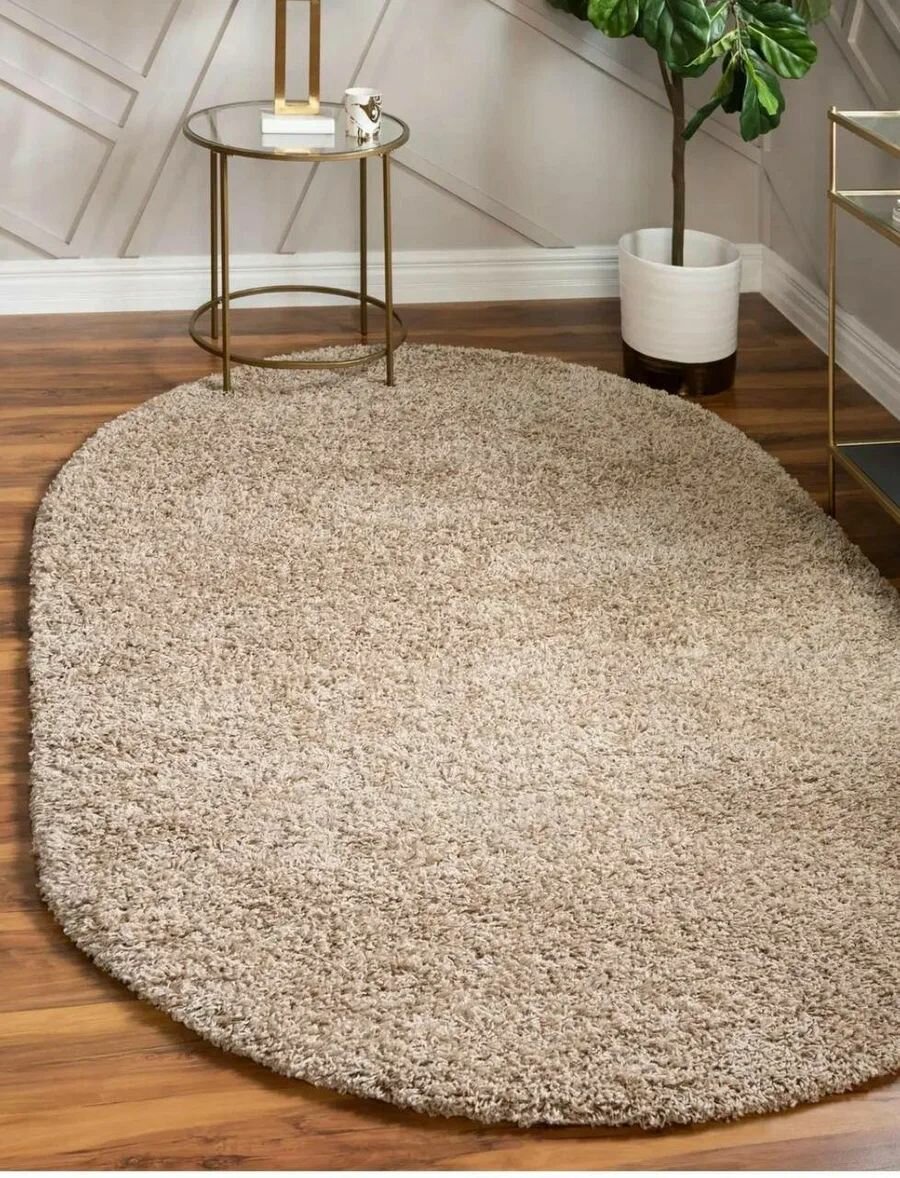Ковер овальный Бело-бежевый 0.8 х 1 м мягкий, пушистый, с высоким ворсом, на пол для комнаты Белка Фьюжн 42104_48123
