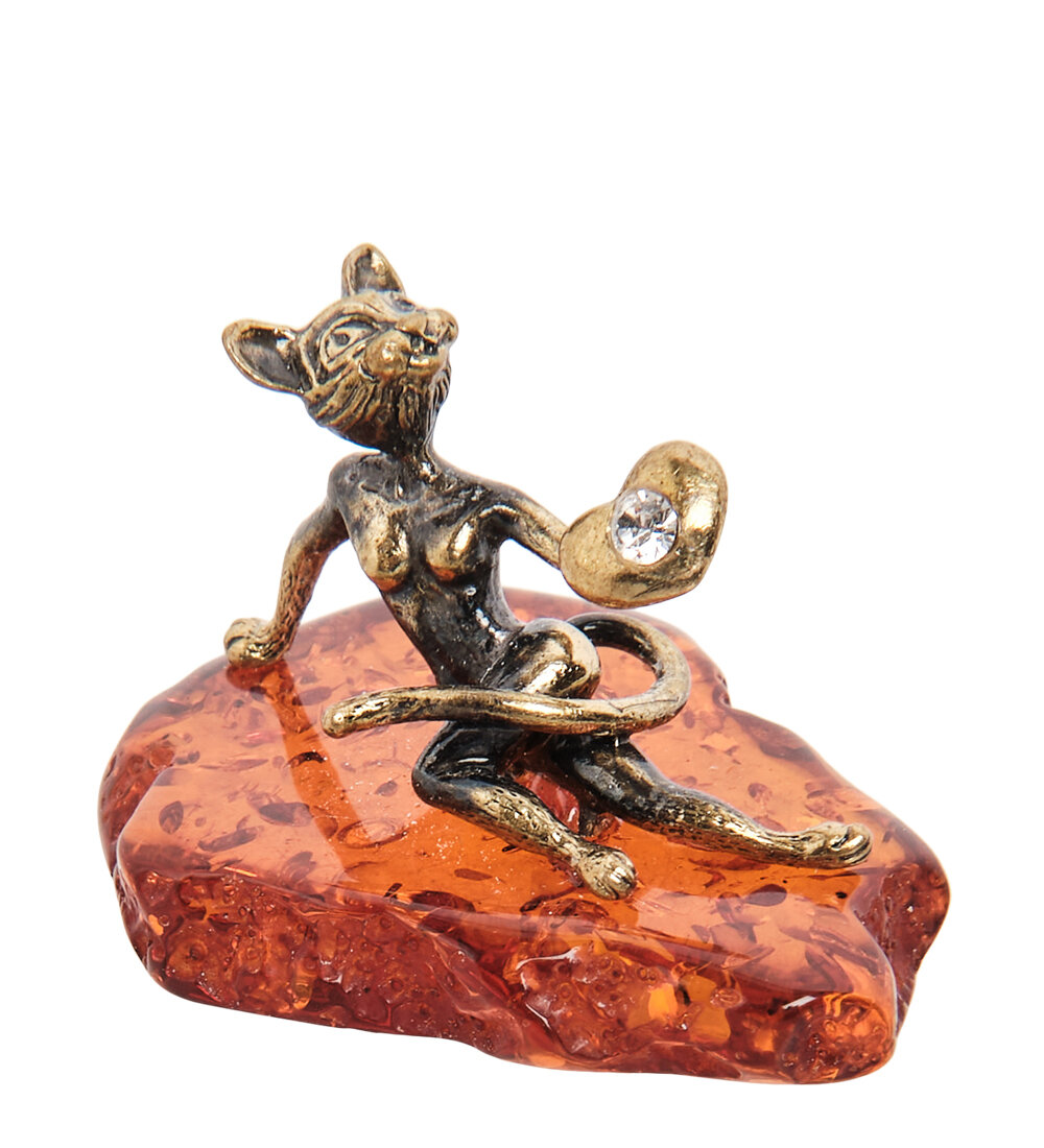 Фигурка 'Кошечка с сердцем' (латунь, янтарь)