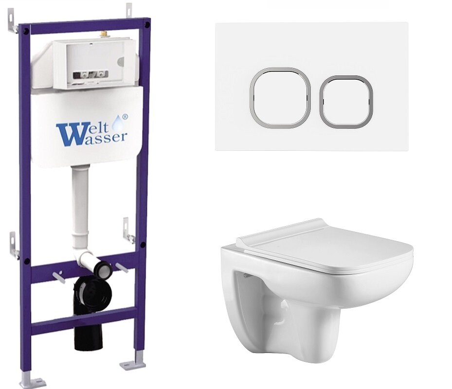 Унитаз подвесной WeltWasser BAMBERG 460+KEHLBACH 004 GL-WT+BAMBERG WT белый глянцевый, безободковый, с крышкой микролифт, с инсталляцией и белой кнопкой