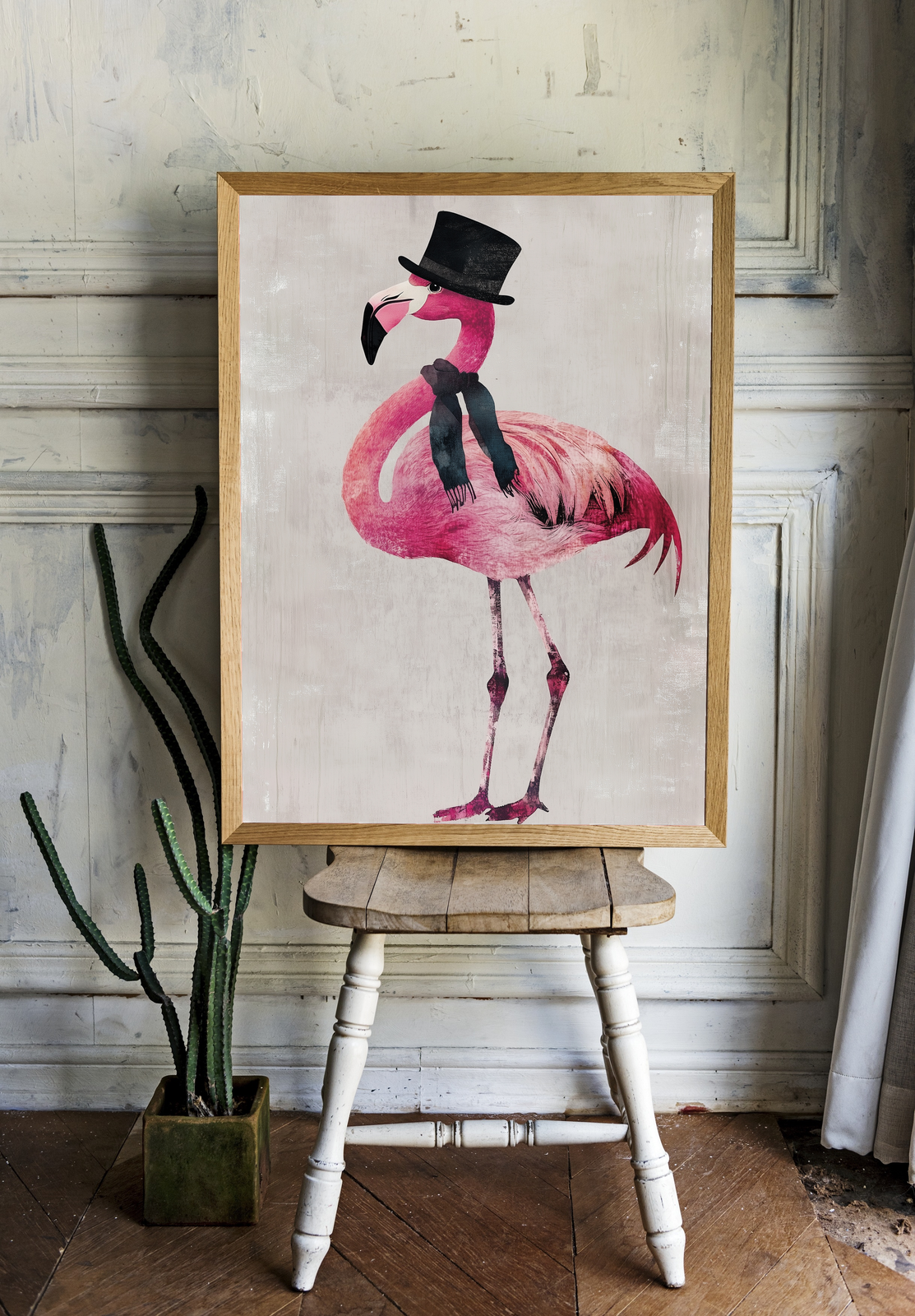 Постер "Фламинго в цилиндре и шарфике" 60x90 см в подарочном тубусе