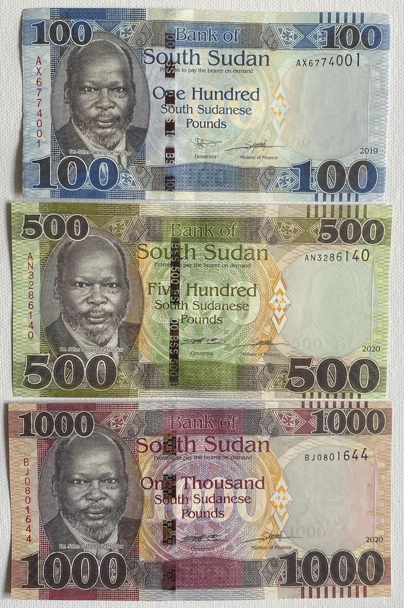 Южный Судан набор банкнот 100 500 1000 фунтов 2019-2020 годов UNC