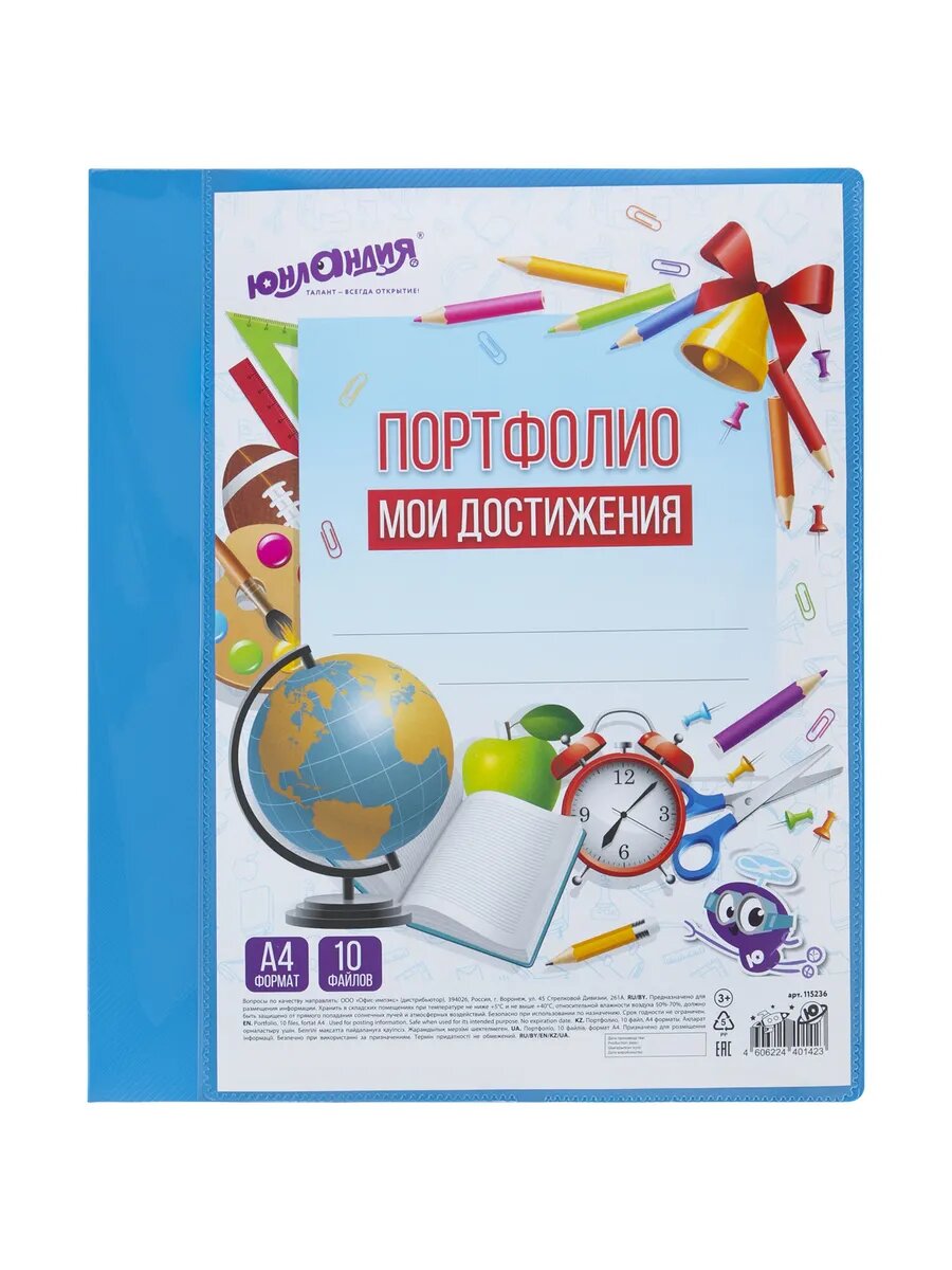 Папка для портфолио школьника, А4, 10 файлов