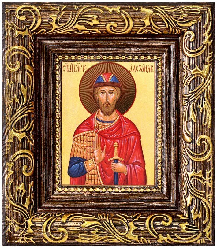 Благоверный князь Александр Невский (лик № 001), икона в широкой темной пластиковой рамке 10,5*12 см