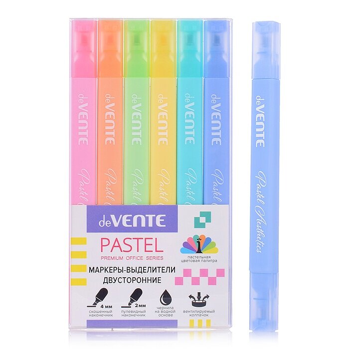 Набор маркеров-выделителей deVENTE "Pastel" 6 цветов, двусторонние пулевидный 2 мм