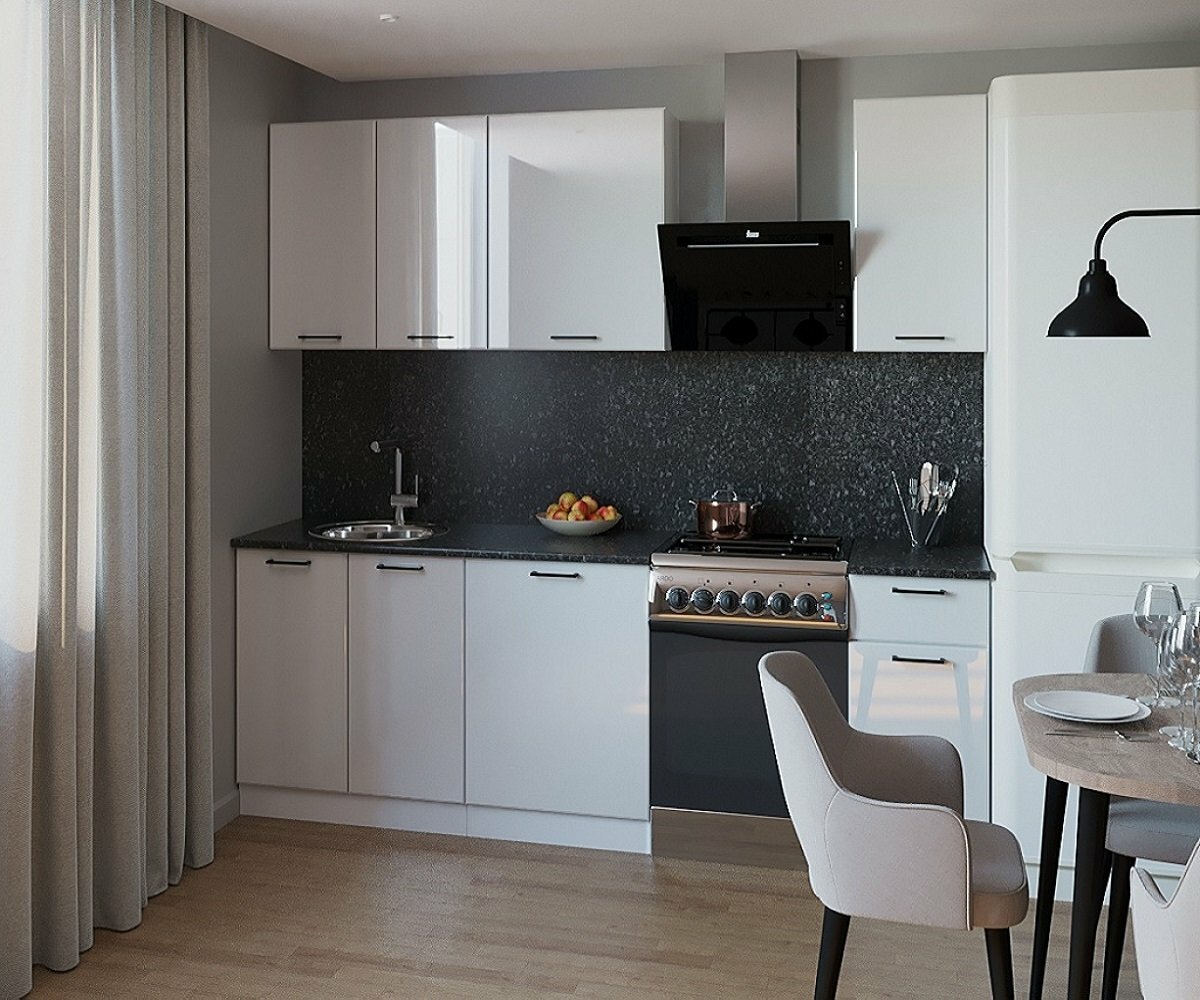 Кухонный гарнитур Белый глянец, фасады МДФ, длина 1800 мм, столешница Каспий Черное золото