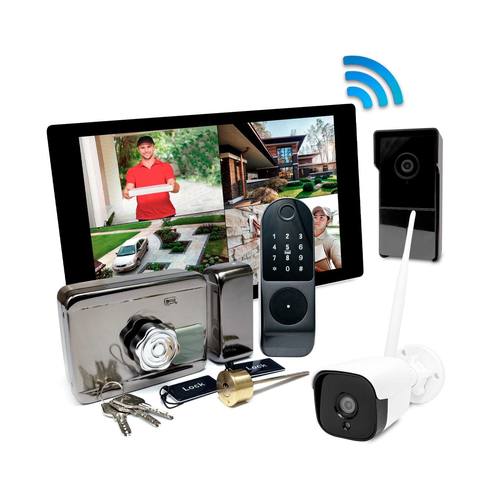 Цветной Wi-Fi домофон TUYA с камерой и биометрическим замком - SkyNet-10.00 (1+1+SL-812) (W5153RU): HD экран 10 дюймов, вызывная видеопанель, замок и