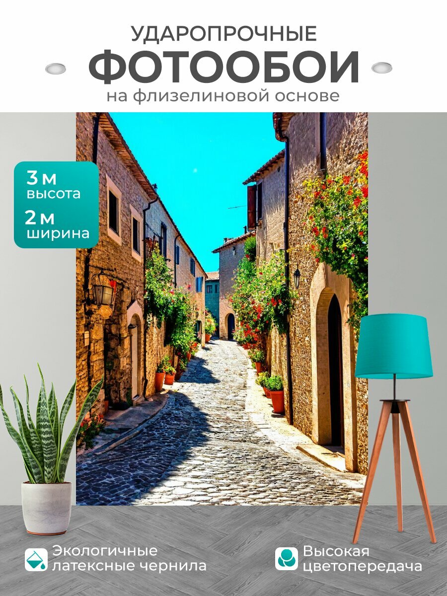 Фотообои моющиеся ударопрочные "Прованс, живописные деревенские улочки с каменными домами; графический стиль с использованием четких линий и контрастов." 200x300 см. флизелиновые на стену
