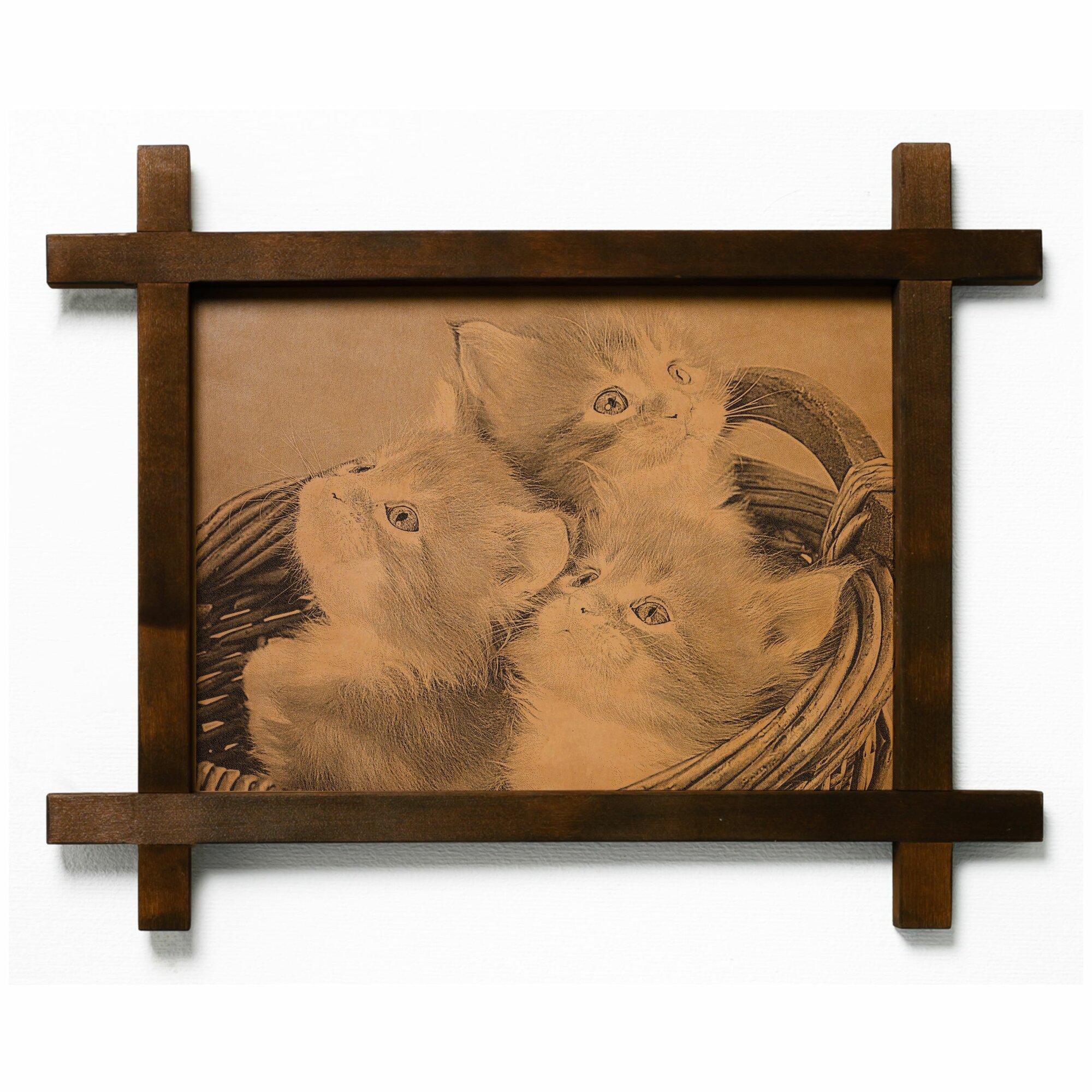 Картина интерьерная, натуральная кожа, "Три котенка в корзинке", в деревянной раме, BoomGift