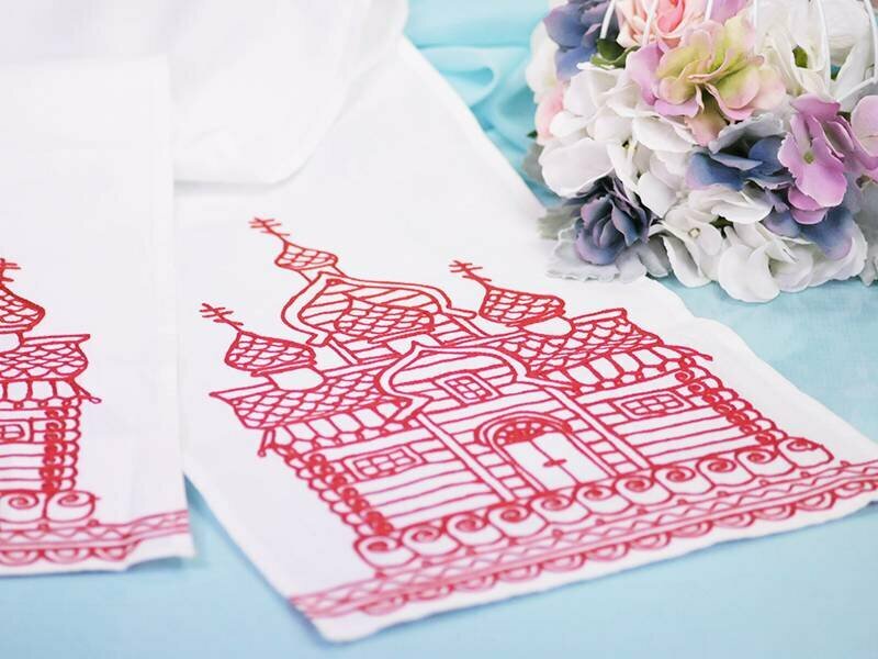 Рушник свадебный льняной 4-06 для венчания, тамбурная вышивка храмы