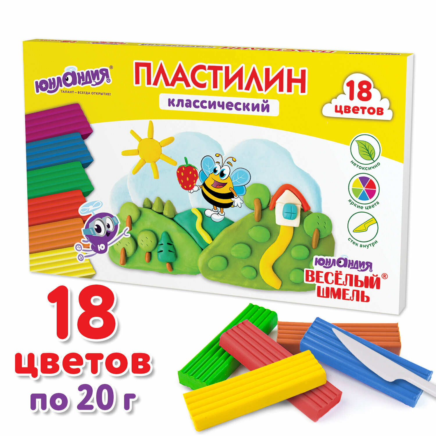 Пластилин классический Юнландия "Веселый шмель" 18 цветов, 360 г, стек, высшее качество