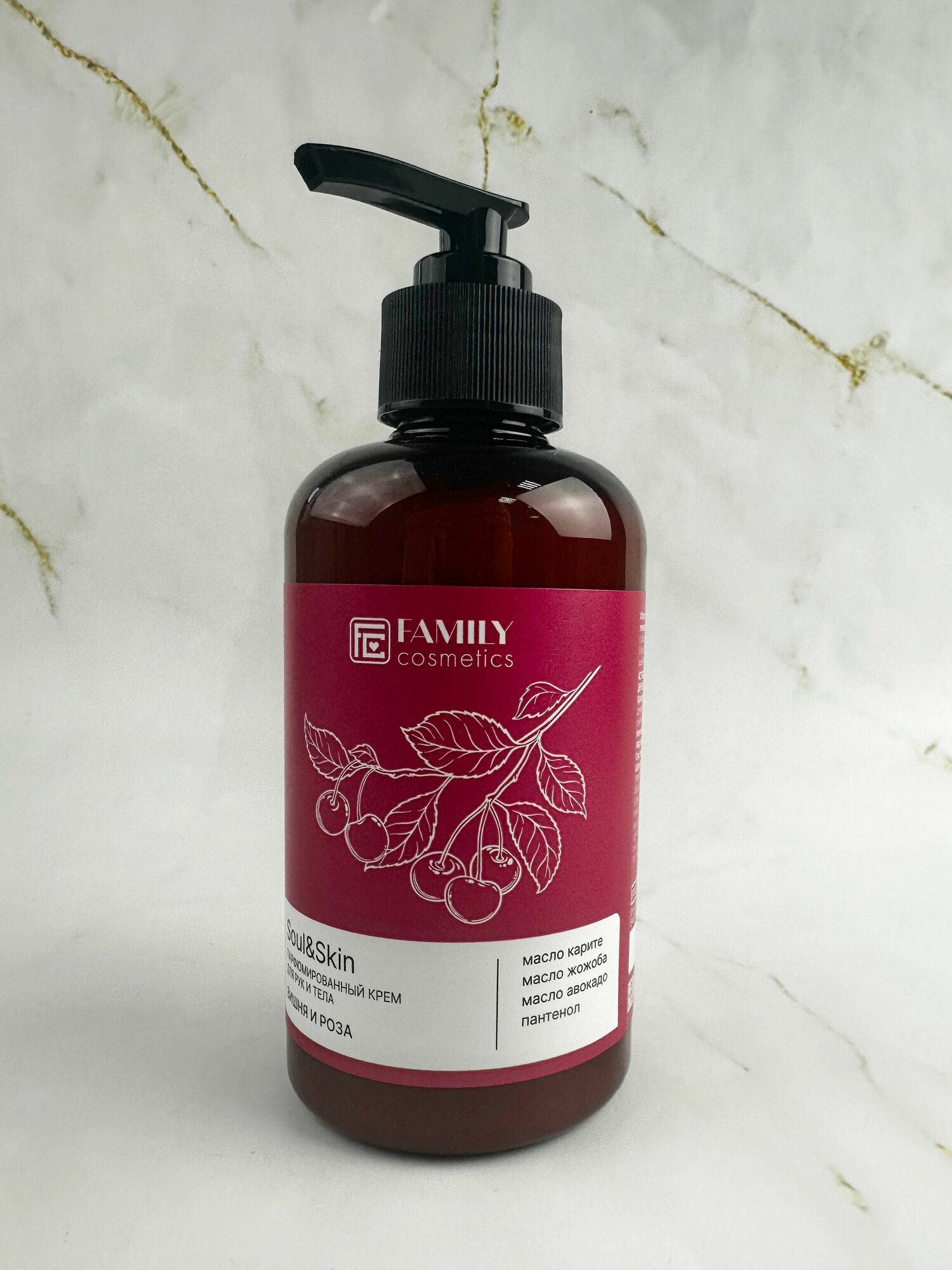Парфюмированный крем для рук и тела Family Cosmetics Soul&Skin, Вишня и Роза, 285мл