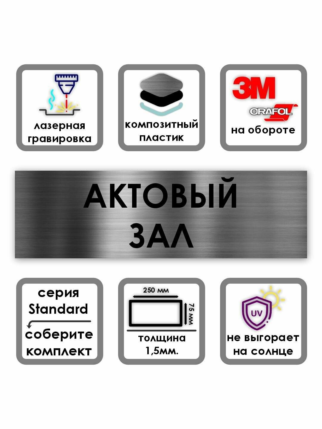 Актовый зал табличка на дверь Standard 250*75*1,5 мм. Серебро