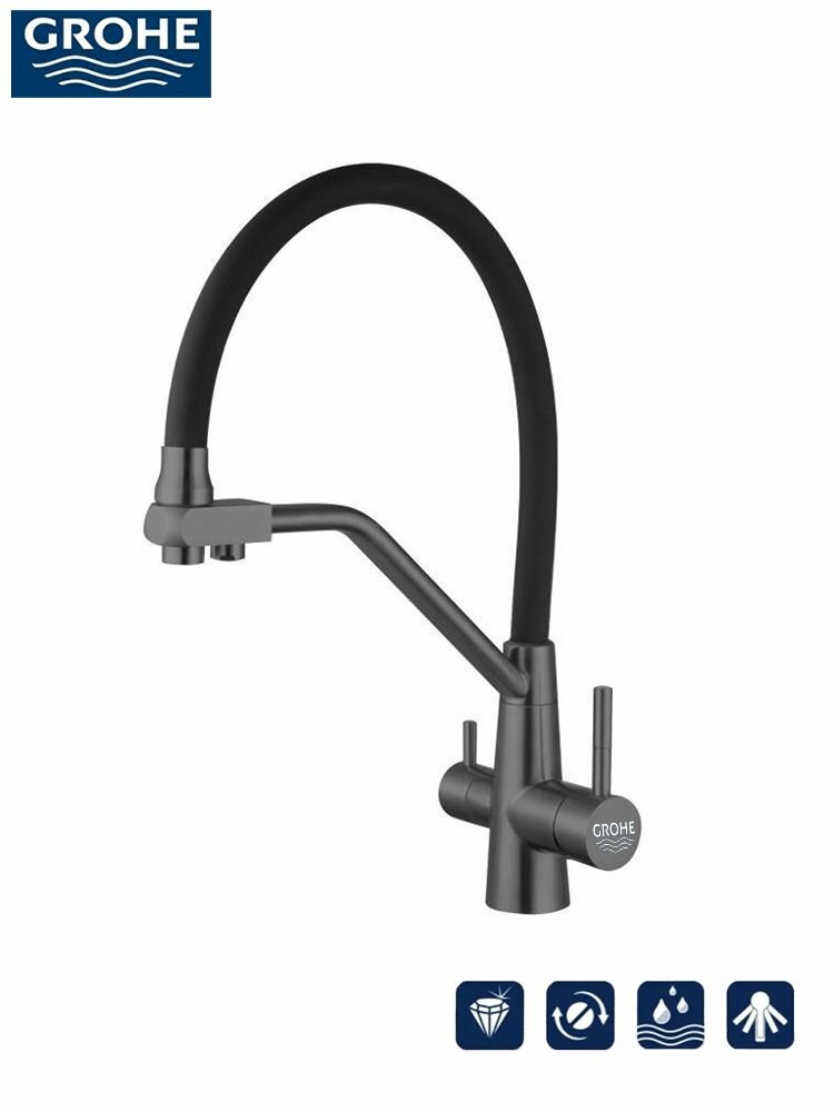 GROHE Смеситель для кухни с гибким изливом и фильтром для питьевой воды черный и золотой