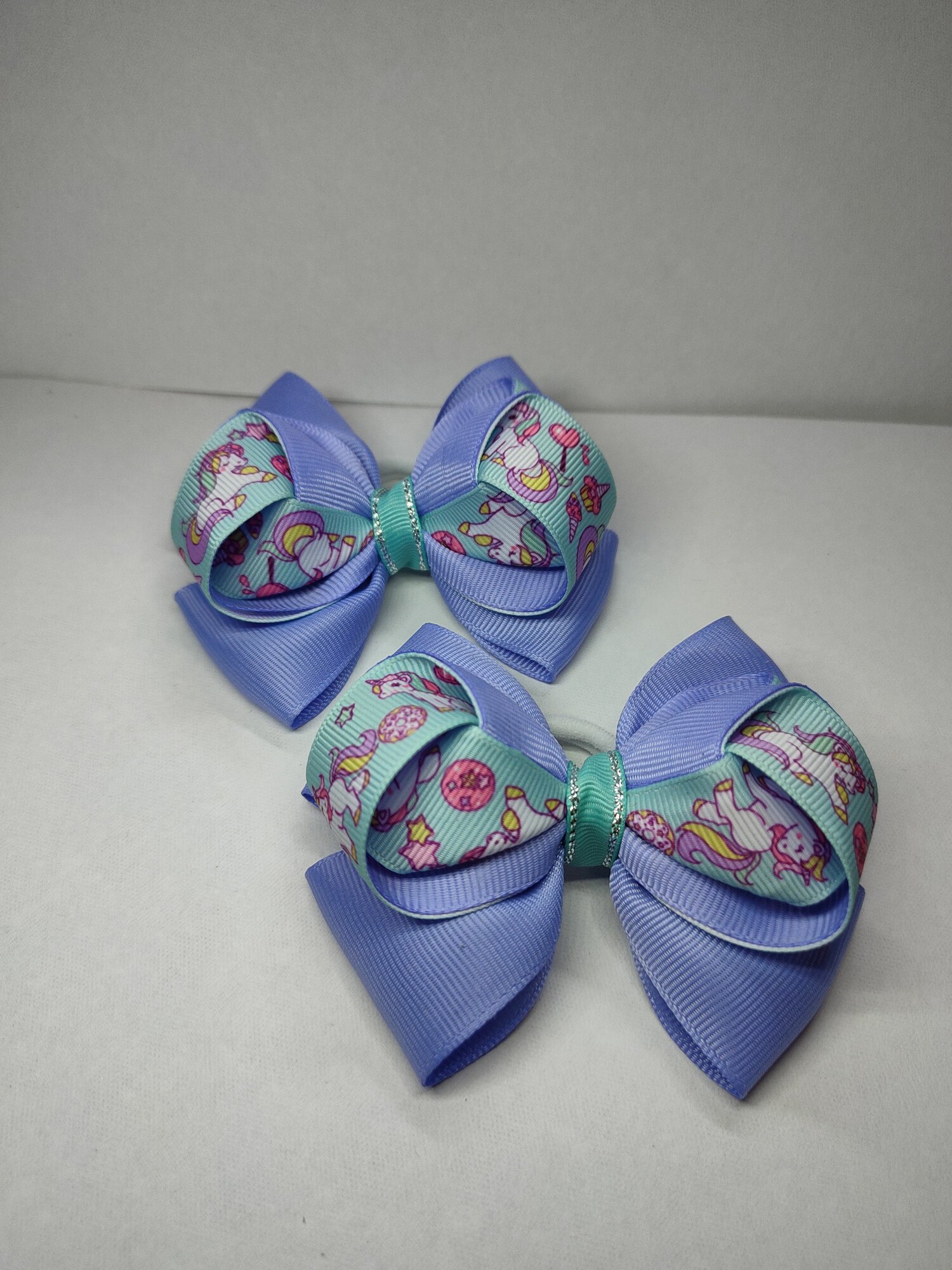Бантики для волос на резинке, сиреневые бирюза, ручная работа 2 шт