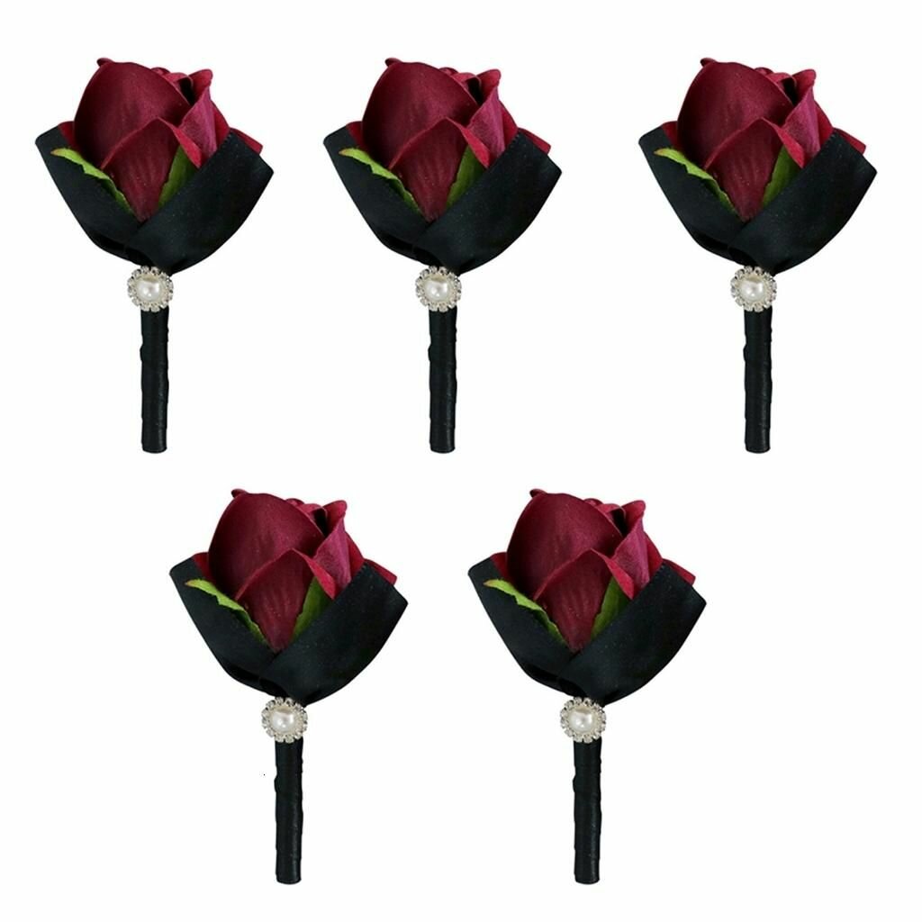5 Свадебных бутонов роз из бордовой фланели в западном стиле -украшение для корсажа