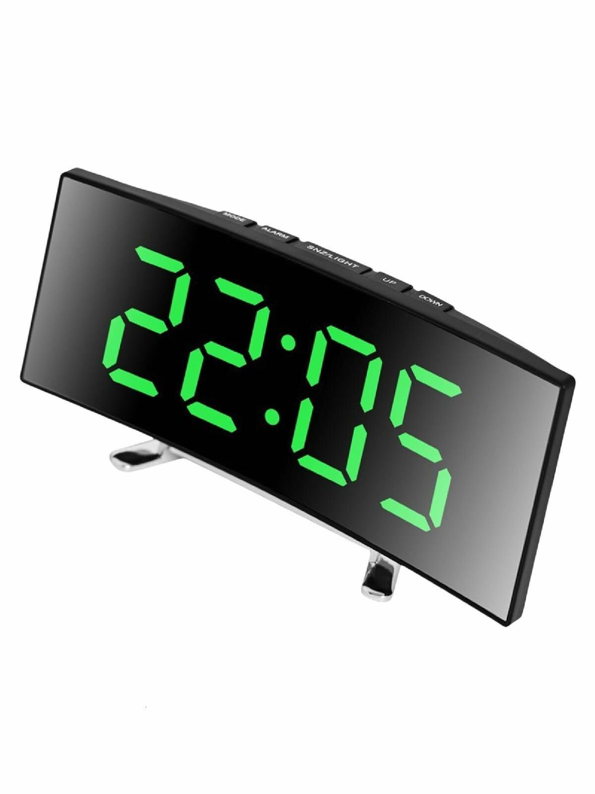 Будильник, Изогнутые электронные часы, зеркальный светодиодный будильник с большим экраном, отключающий звук, умные настольные часы -зеленый свет