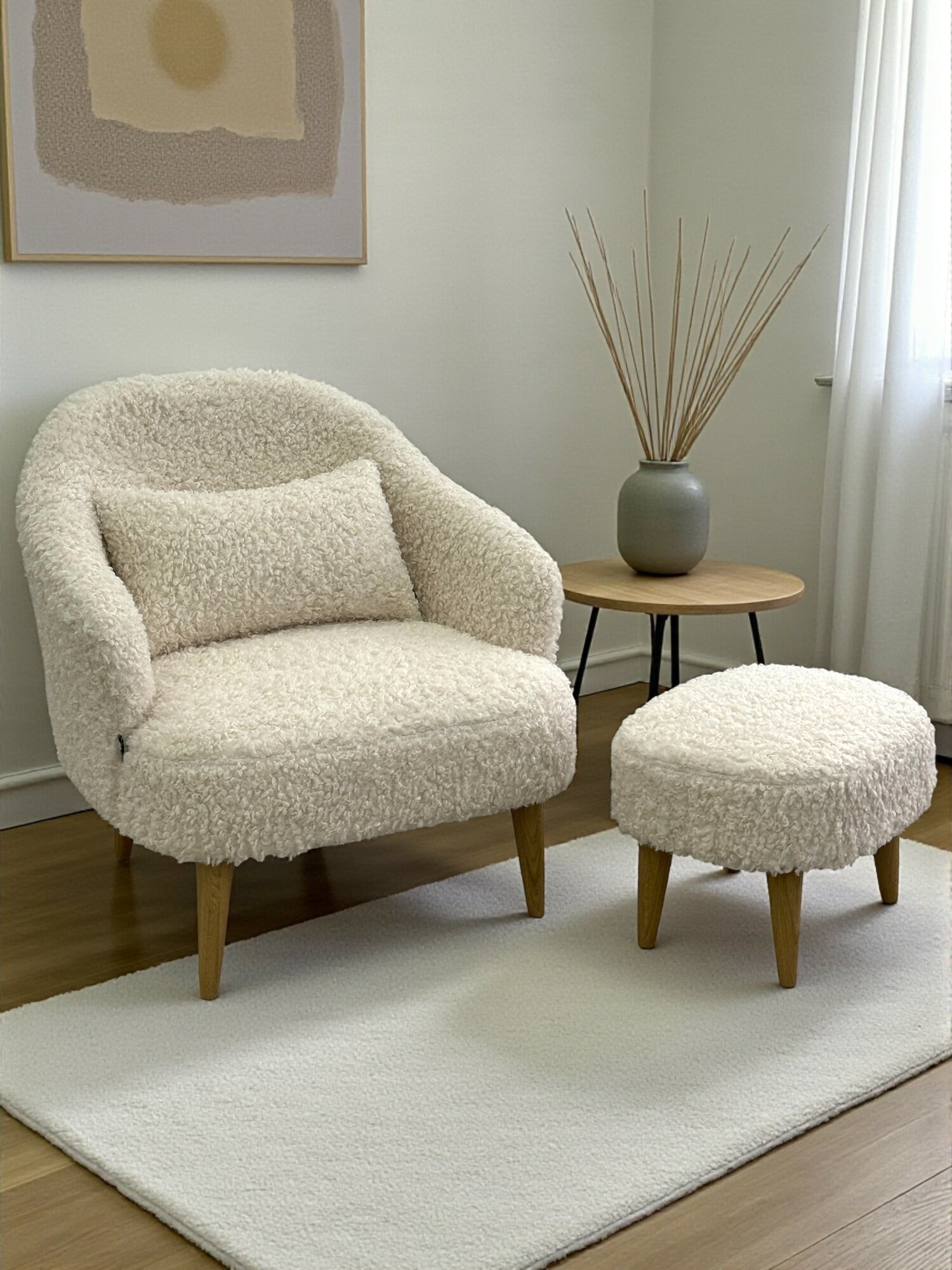 Комплект классическое кресло "Унно" + пуф, Кремовый мех, кресло барашек