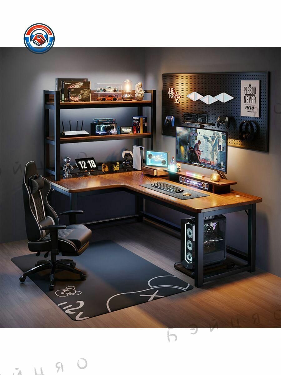 Угловой L-образный компьютерный стол с трехслойной подставкой и угловой книжной полкой, экологическая массивная плита 140x100 см, подставка для ПК и отверстие для кабелей