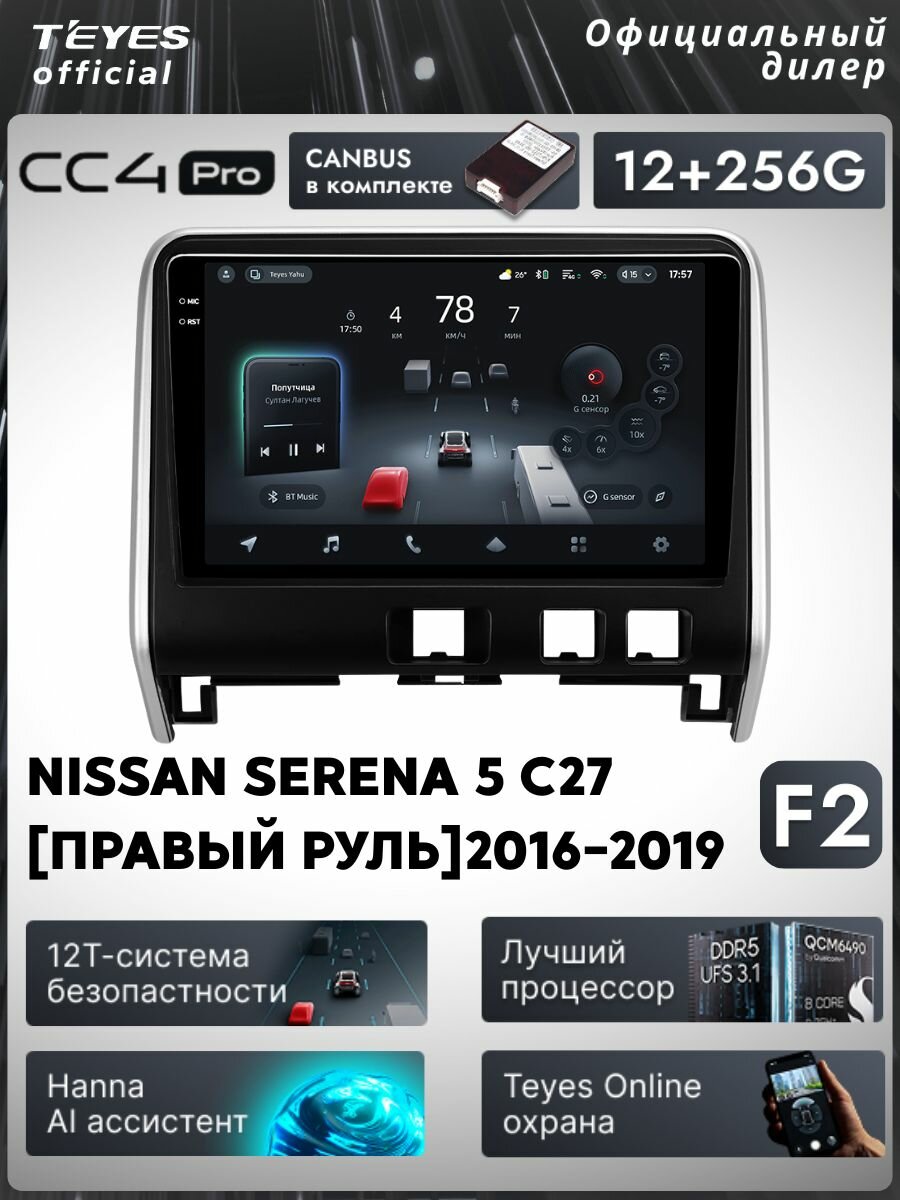 Магнитола Nissan Serena 5 C27 2016-2021 (right hand drive) (Комплектация F2) Teyes CC4 Pro 12/256GB, штатная магнитола