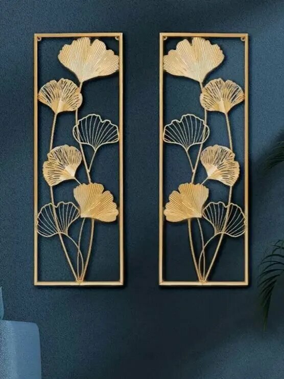 Панно на стену из металла 30*85см, Декор для дома золотые листья 2 шт