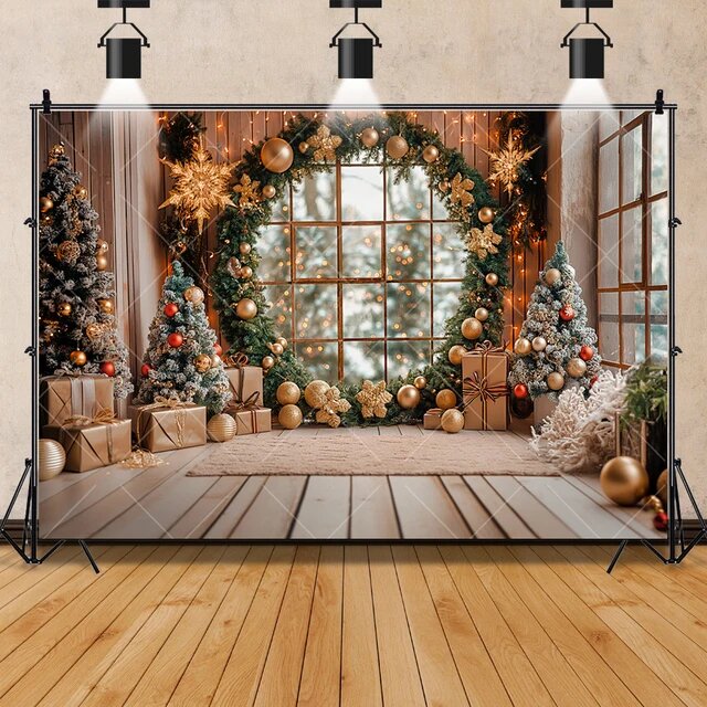 Рождественские арки, двери и окна, сверкающие венки, елочные украшения для детских и семейных праздников — фон для фотосъемки