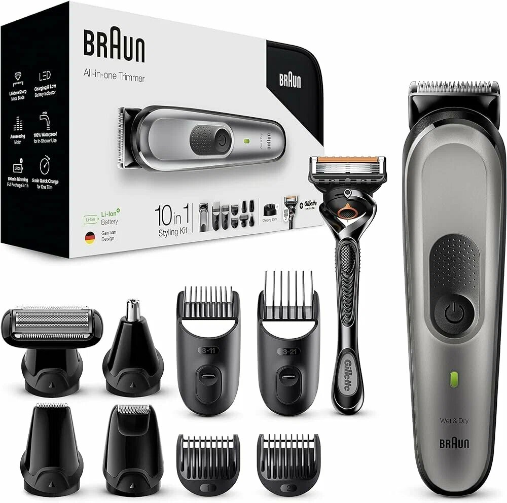 Триммер универсальный Braun MGK7920TS 10в1+ Бритва Gillette, 2 кассеты, тип 5544, серебристый/черный