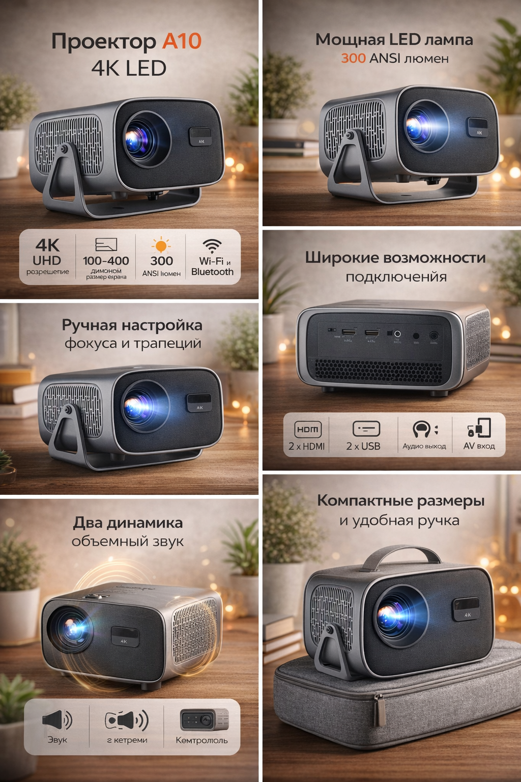 Проектор A10 4K LED для дома, фильмов, презентаций и ярких впечатлений