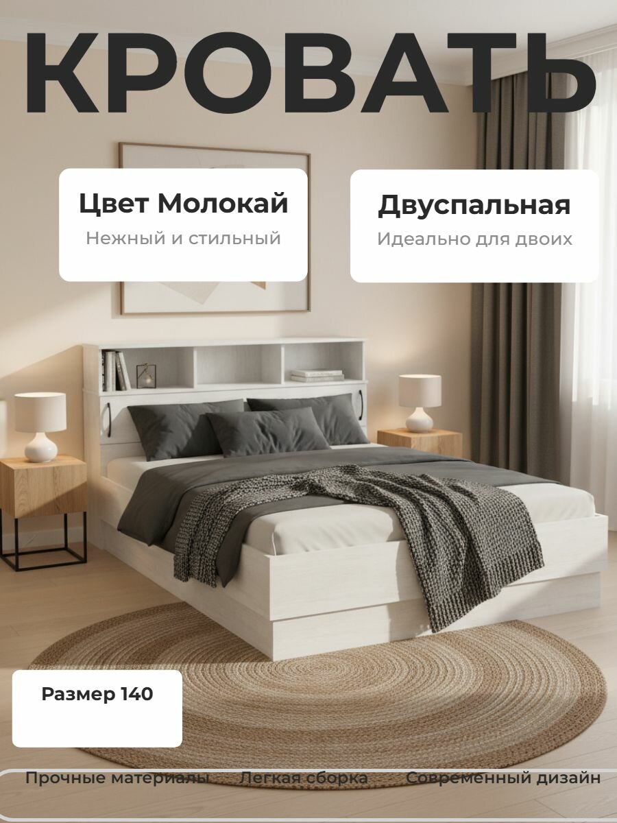 Кровать 5 МФ 1+1, двуспальная, цвет Молокай, ширина 160 см, Цвет Белый, с полками, в спальню