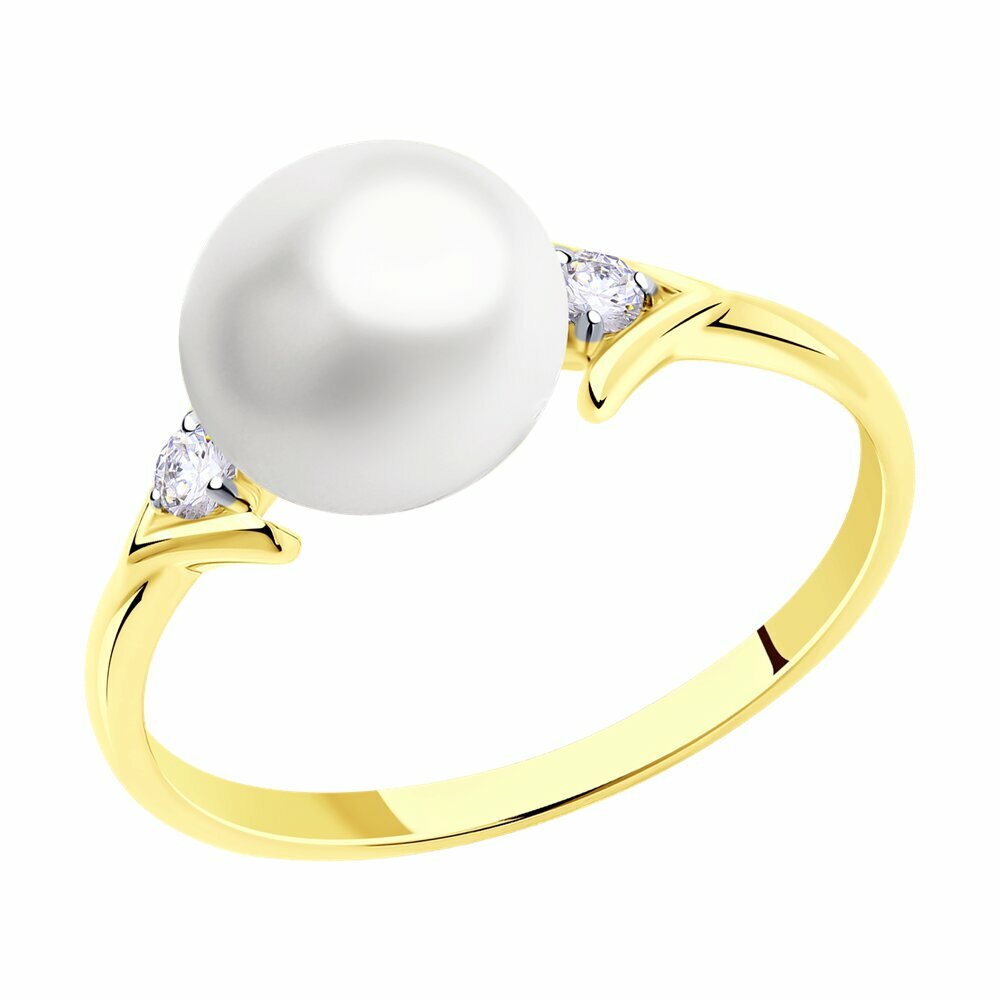 Кольцо, желтое золото, 585 проба, жемчуг пресноводный культивированный, фианит