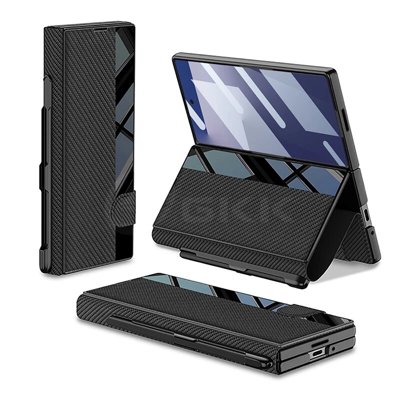 Роскошный кожаный складной чехол-держатель для Черный, With Capacitive Pen, Carbon Fiber Style