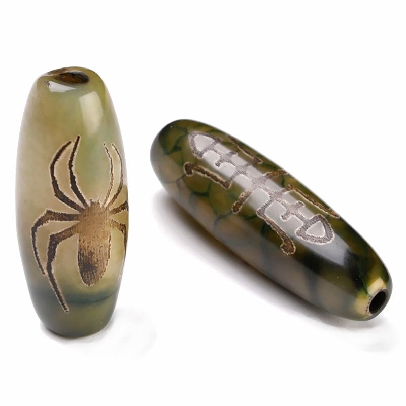 Бусина Дзи натуральный камень Агат серо-зеленый экзотика Счастье и Паук 0010879 цилиндр 30x12 мм, цена за 1 шт.
