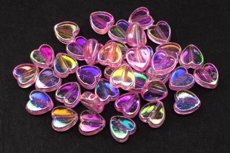 Бусины акриловые Сердце 8х8х3мм, отверстие 1,5мм, цвет розовый радужный, 540-248, 10г (около 50шт)