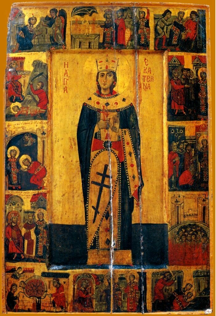 Екатерина Александрийская святая великомученица со сценами жизни деревянная икона на левкасе 40 см