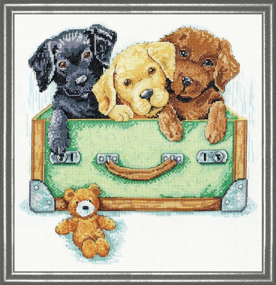 #3242 Лабрадоры в чемоданчике Design Works Набор для вышивания Счетный крест 30.5 х 30.5 см