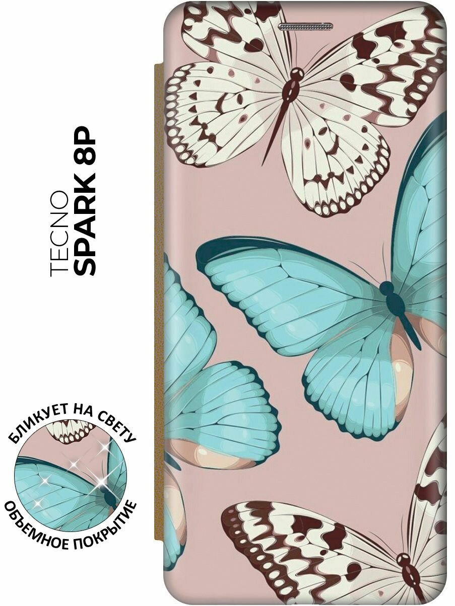 Чехол-книжка Бабочки на Tecno Spark 8P / Техно Спарк 8Р с эффектом блика золотой