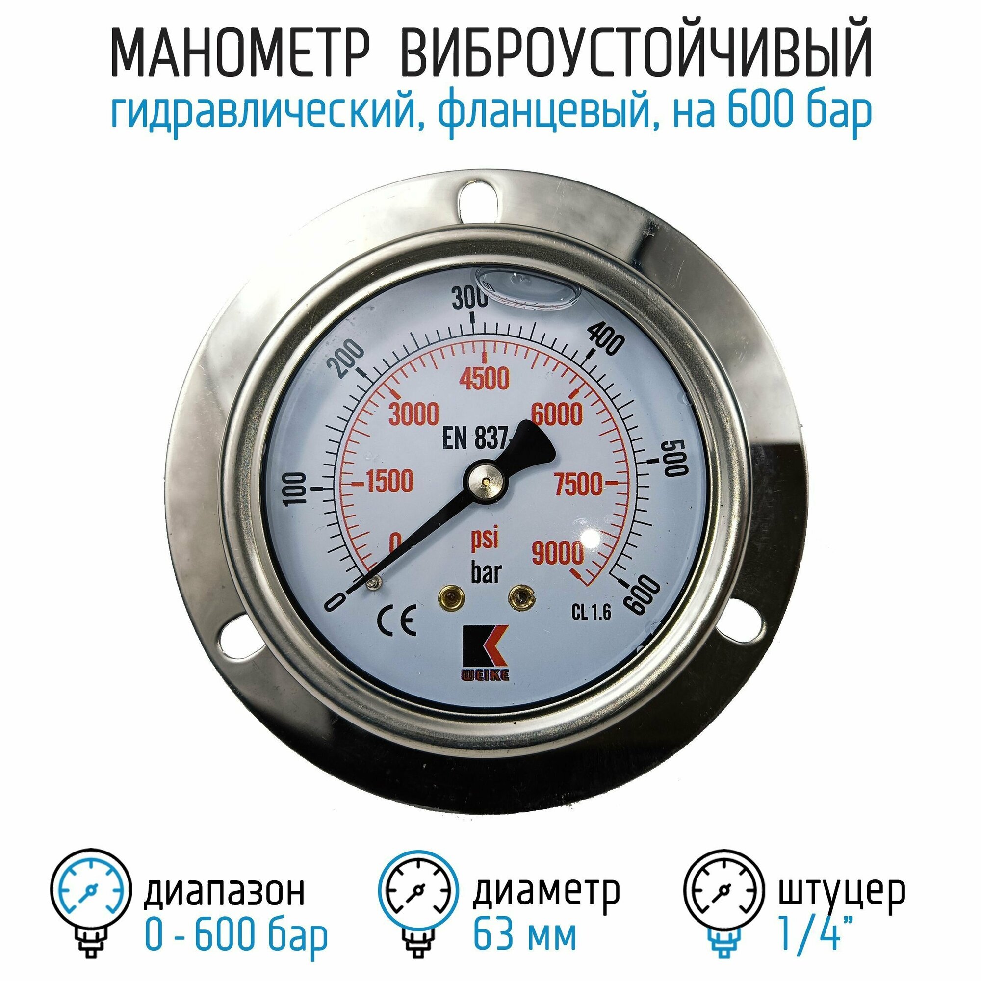 Манометр гидравлический на 600 бар (9000 psi), 63 мм, G 1/4" фланцевый, виброустойчивый - глицериновый