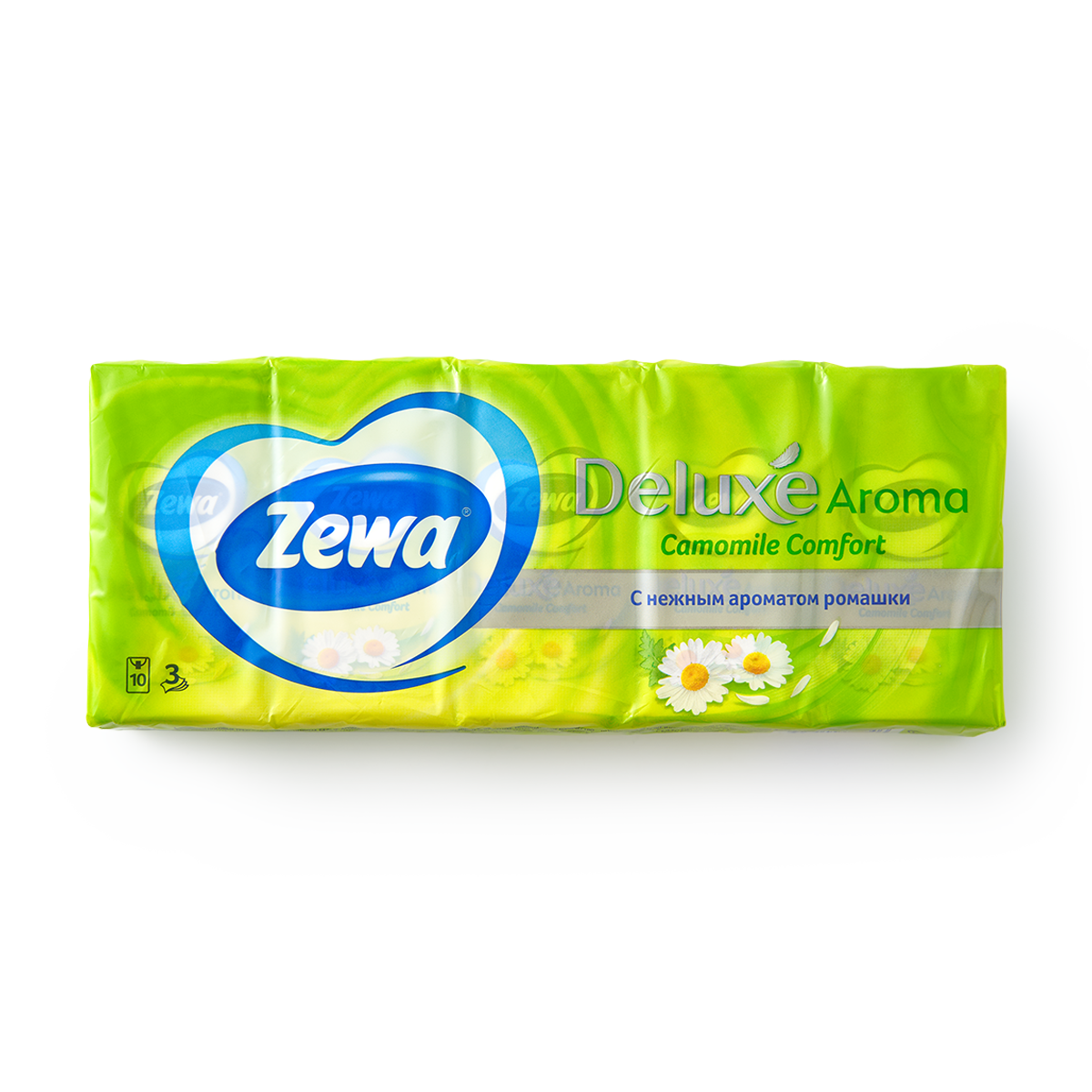 Платочки Zewa Deluxe "Ромашка", 3 слоя, ароматизированные, 10 шт